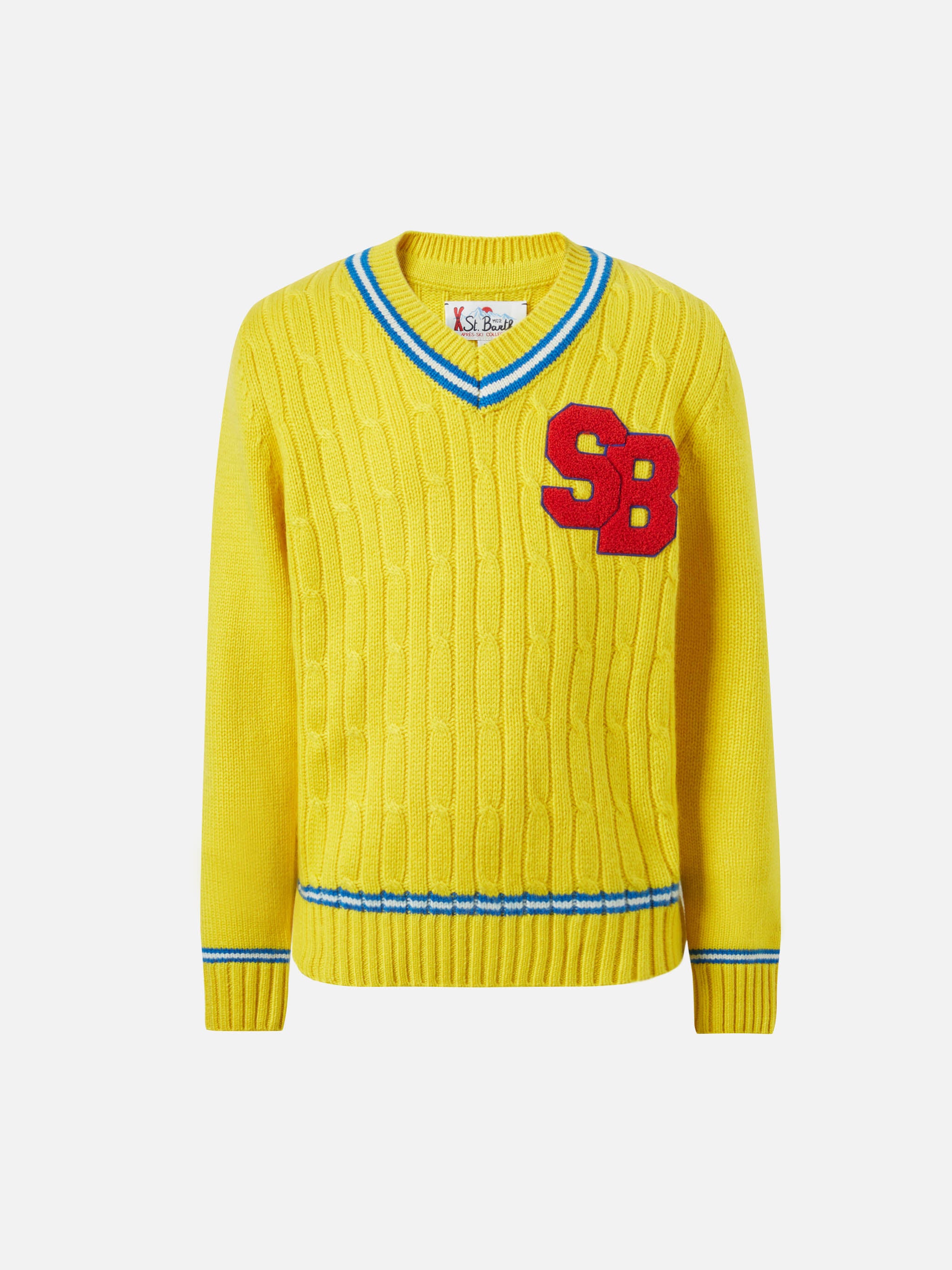 V-neck cable-knit sweater Roger Jr with SB patch – MC2 Saint Barth