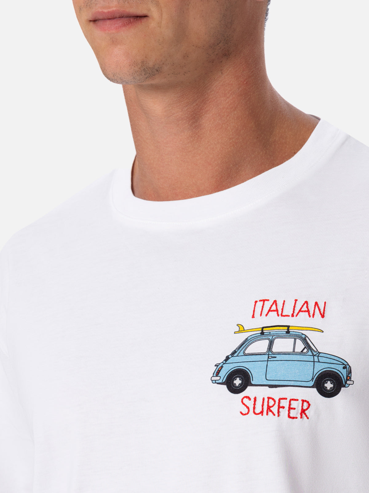 Man cotton t-shirt with Fiat 500 placed print and embroidery | FIAT 50 ...